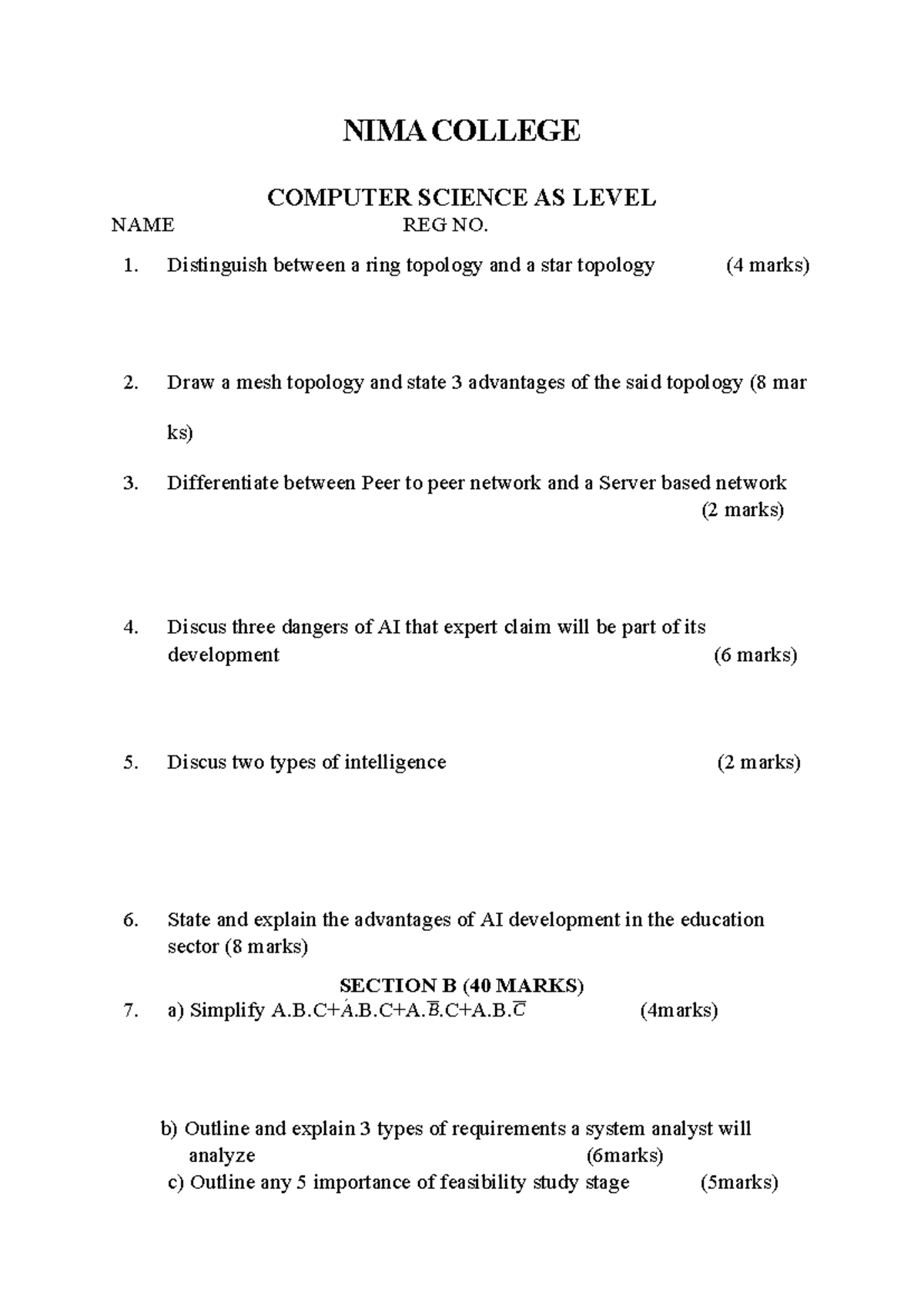 COMP Science - NIMA COLLEGE COMPUTER SCIENCE AS LEVEL NAME REG NO ...