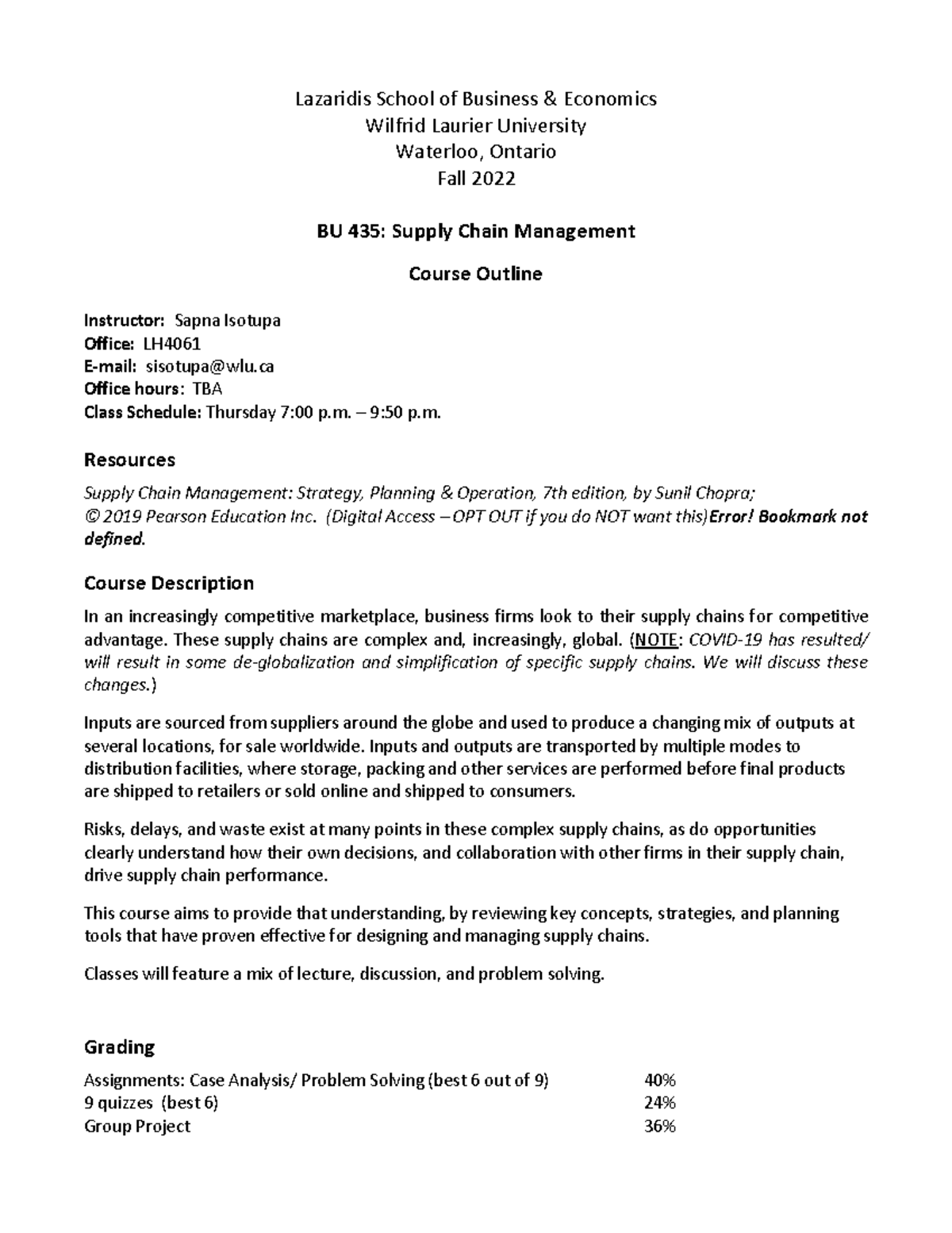 BU435 course outline - Lazaridis School of Business & Economics Wilfrid ...