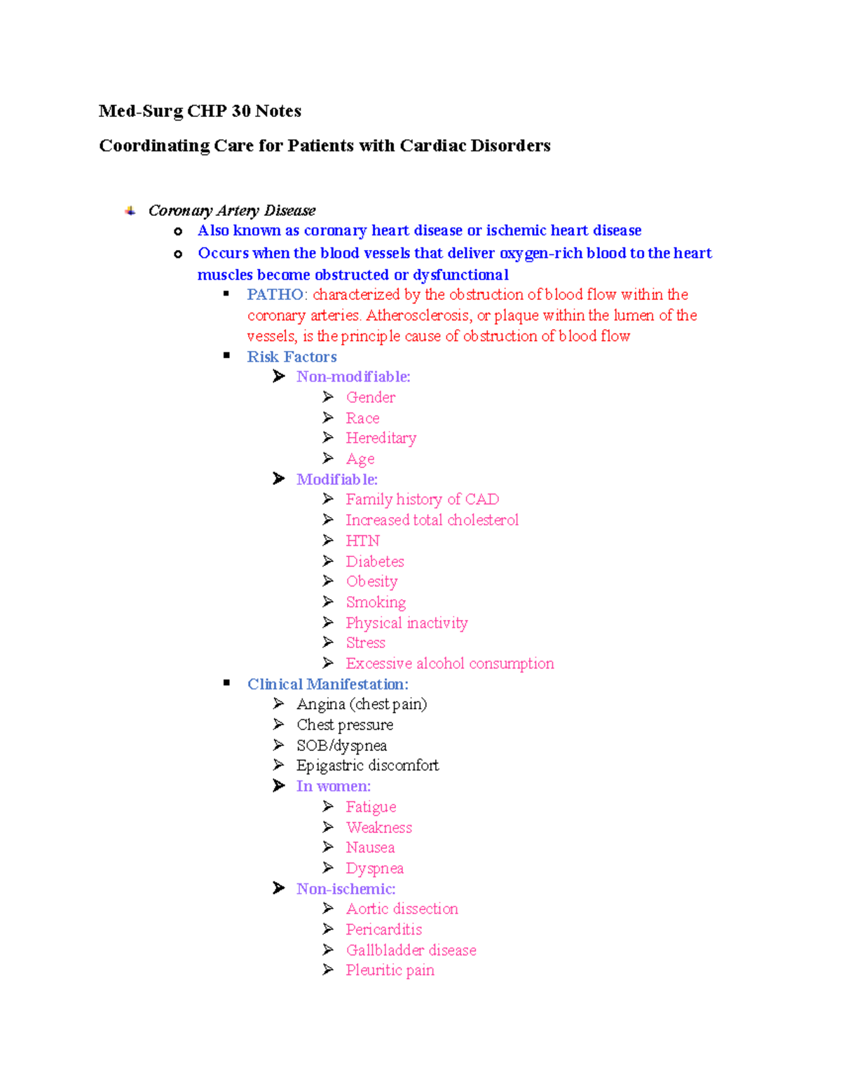 CHP 30 Notes - Cardiac - Med-Surg CHP 30 Notes Coordinating Care for ...