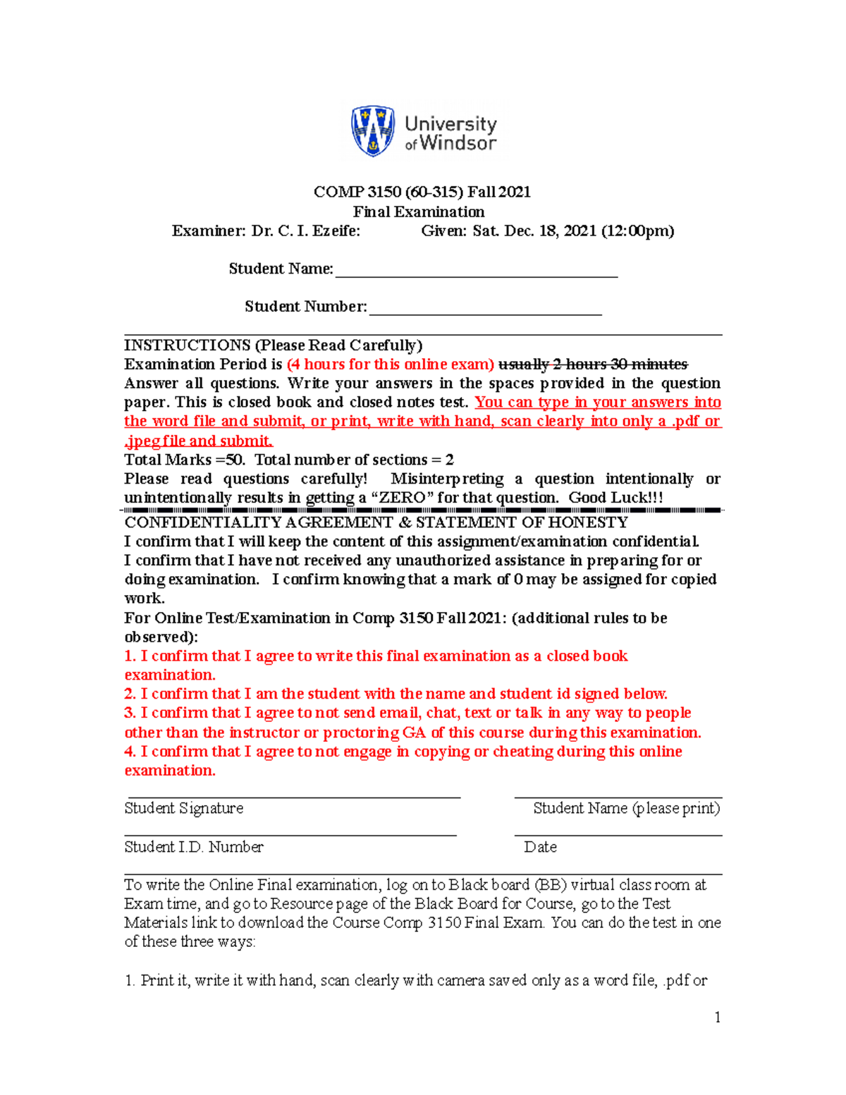 Final 2021f - notes - COMP 3150 (60-315) Fall 2021 Final Examination ...