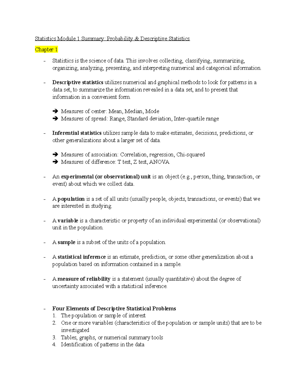 Statistics Module 1 Summary - Statistics Module 1 Summary: Probability ...