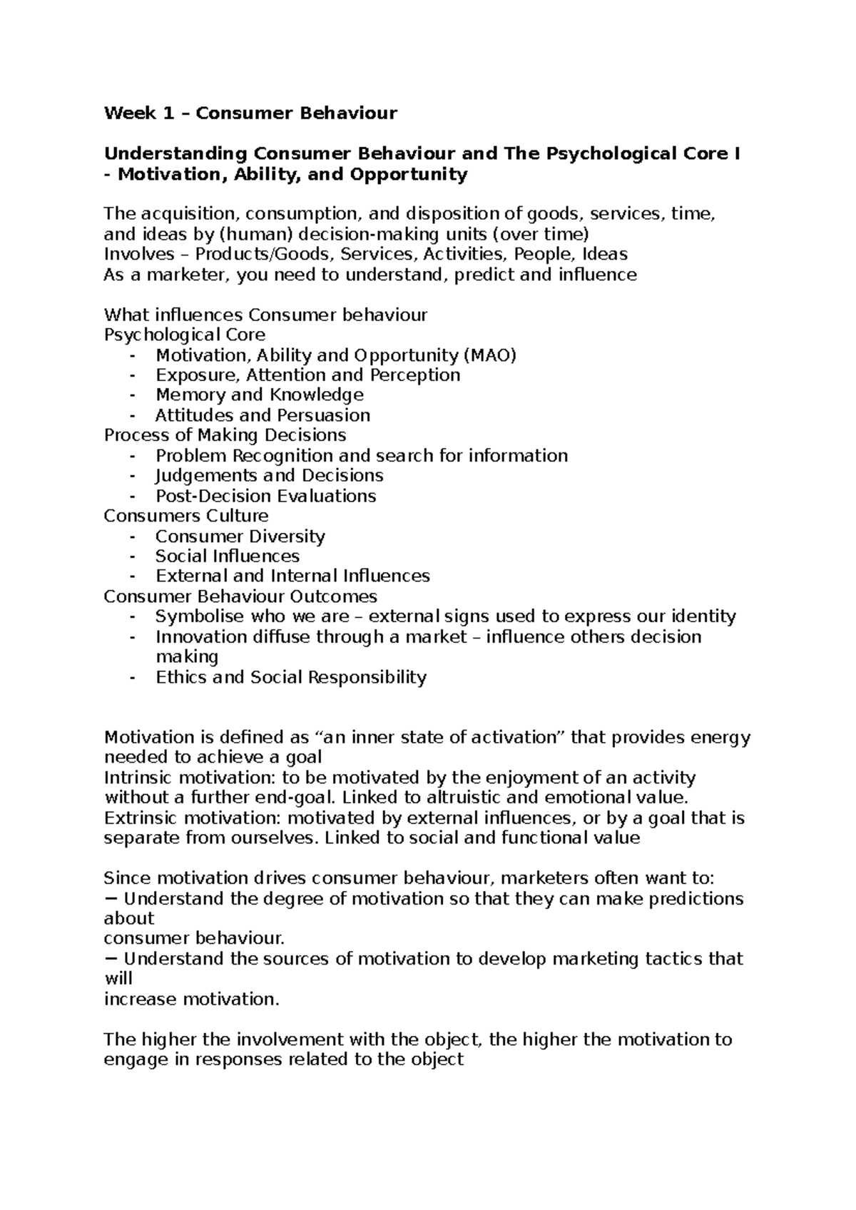 Week 1 - Consumer Behaviour - Week 1 – Consumer Behaviour Understanding ...