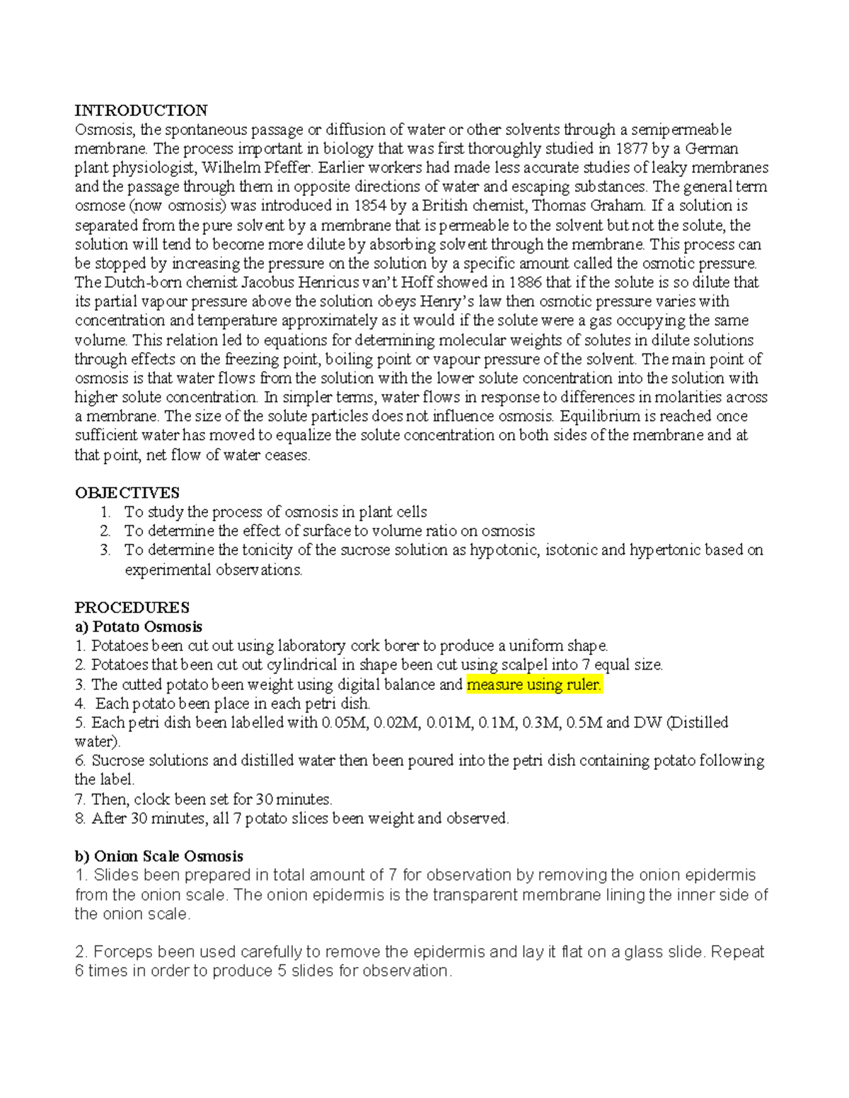 LAB 3 Osmosis - INTRODUCTION Osmosis, the spontaneous passage or diffusion of water or other ...