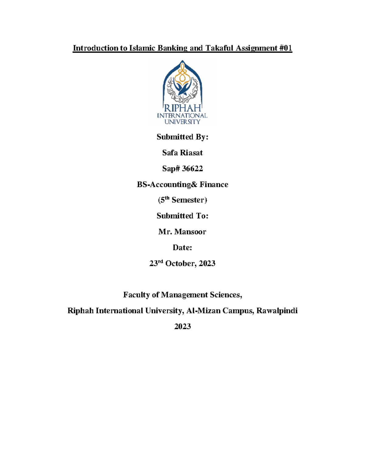 Assignment#01 - Introduction to Islamic Banking and Takaful Assignment ...