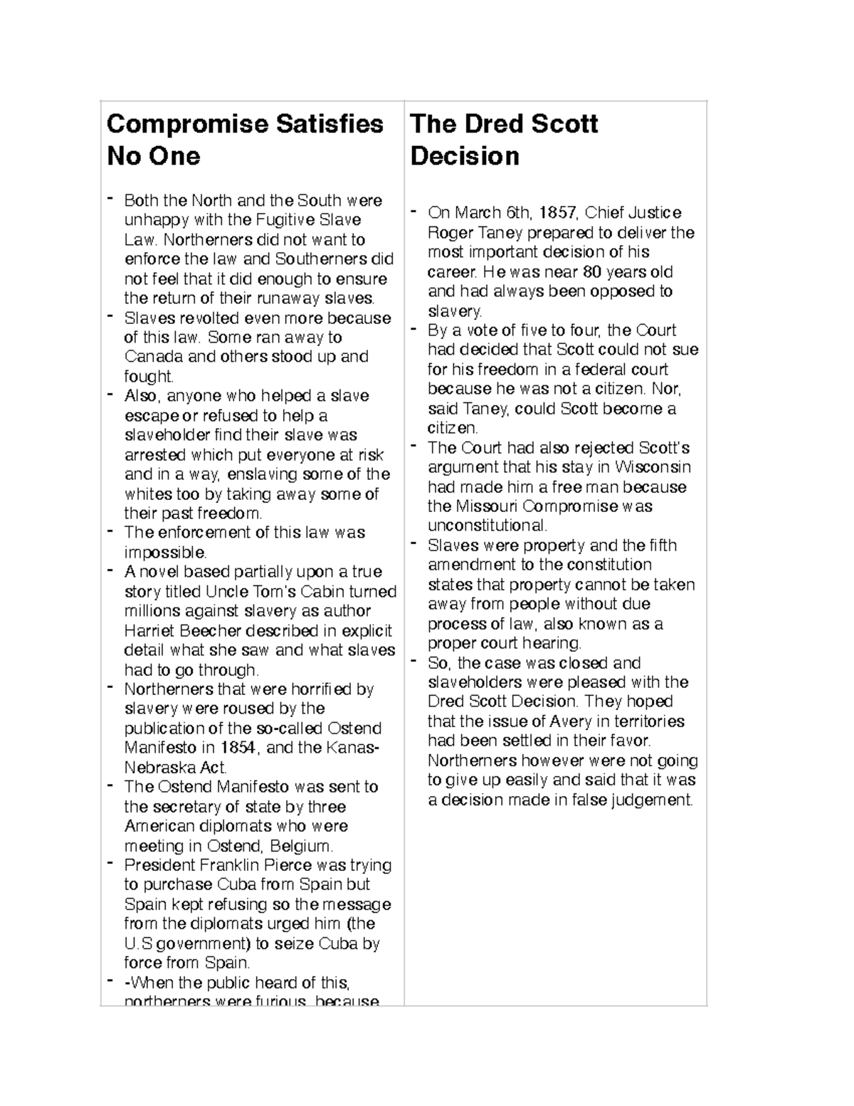 The Dred Scott Decision Notes - Compromise Satisfies No One - Both the ...