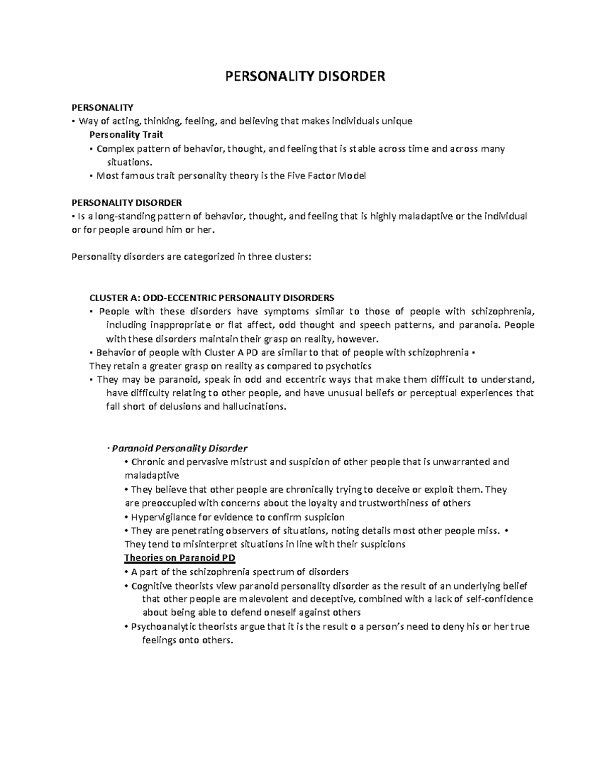 Personality Disorder - Lecture notes 1-5 - BS Psychology - PUP - Studocu