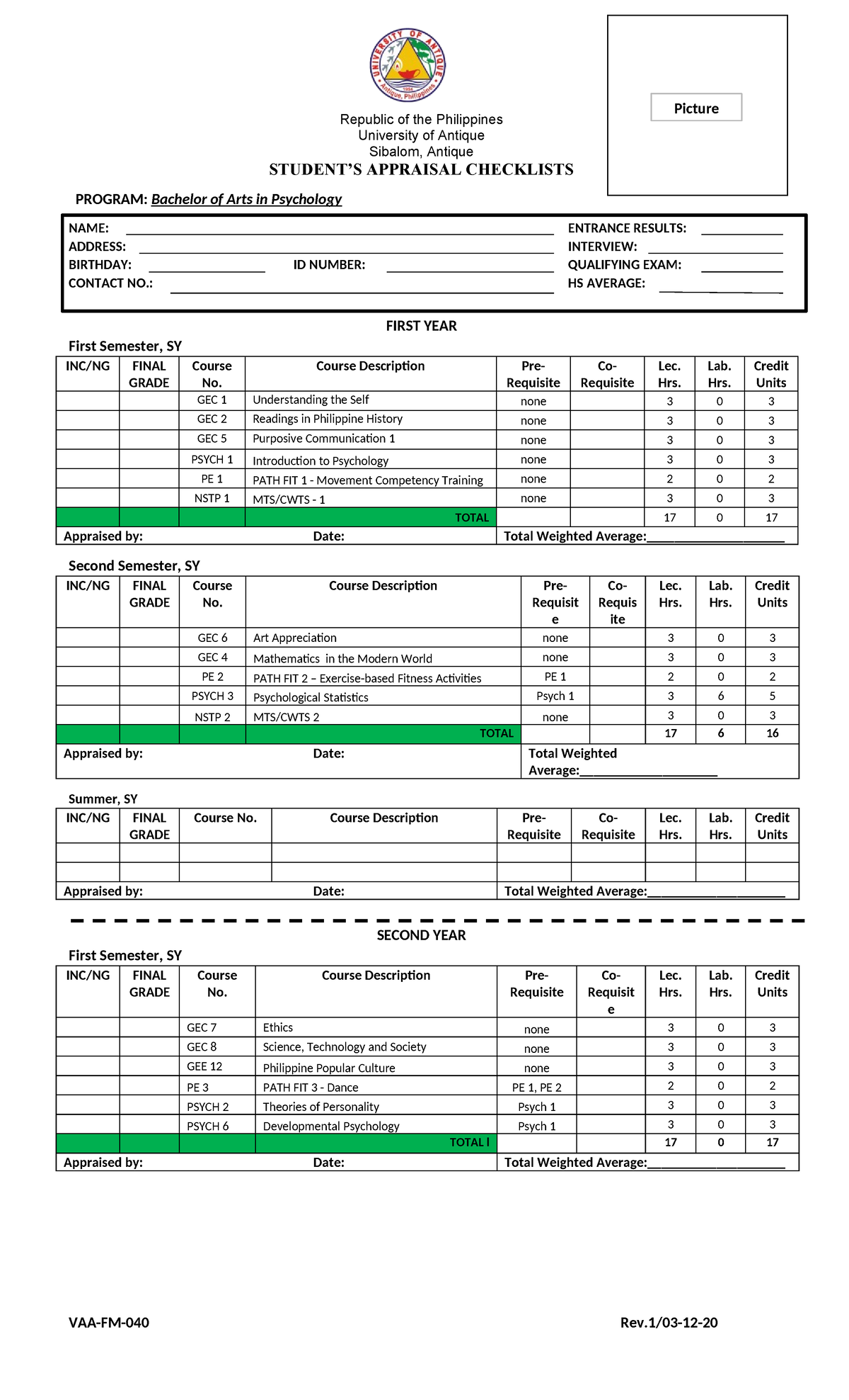 AB Psychology Appraisal Form 1 - Republic of the Philippines University ...
