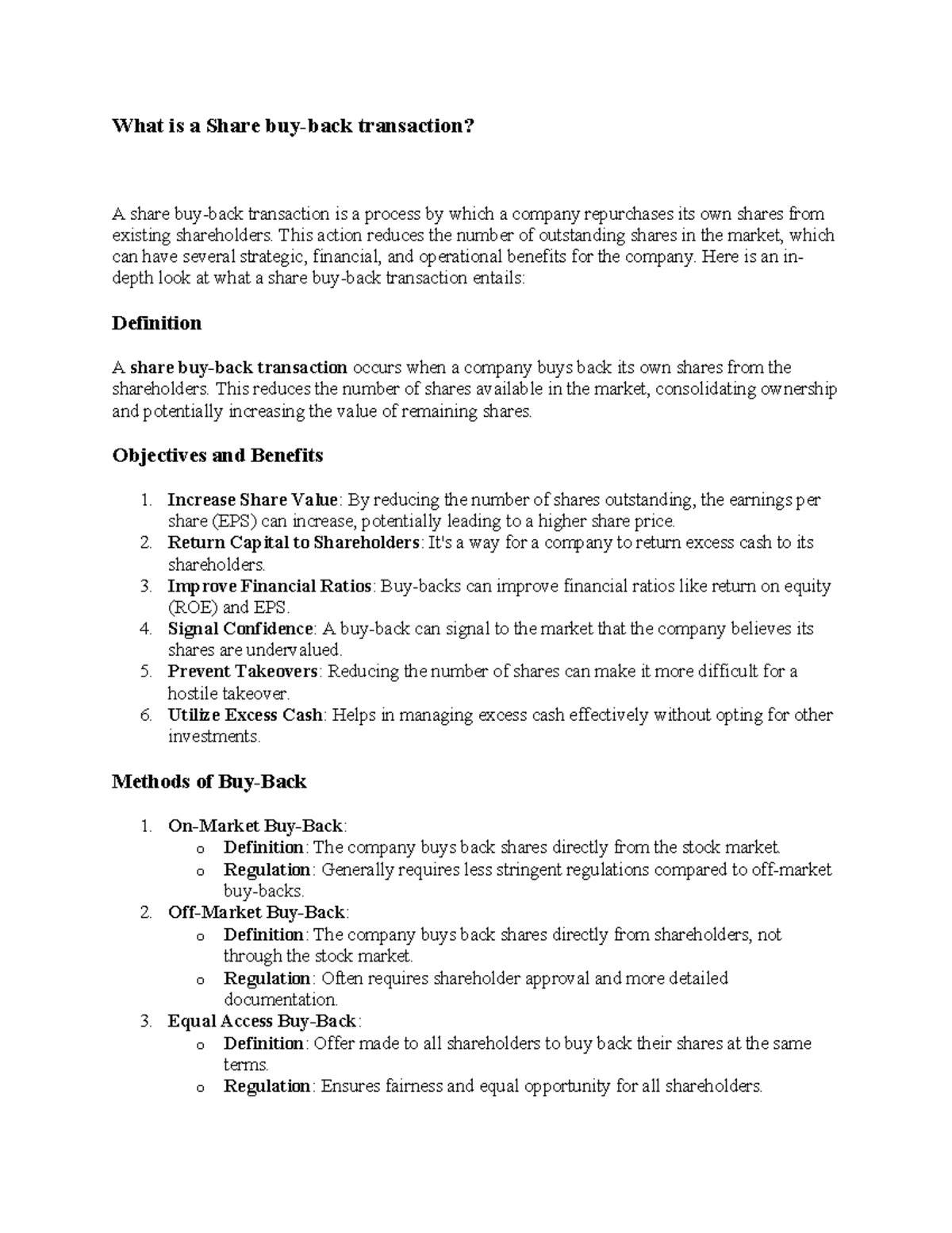 What is a Share buy-back transaction - This action reduces the number ...