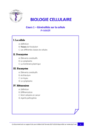 BIO CELL 2 - cours bio cellulaire niveau L2 - BIOLOGIE CELLULAIRE Chapitre 1 : l’organisation ...