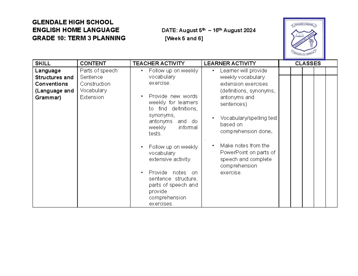 Eng Week 5-6 planning grade 10 HL term 3 2024 - GLENDALE HIGH SCHOOL ...