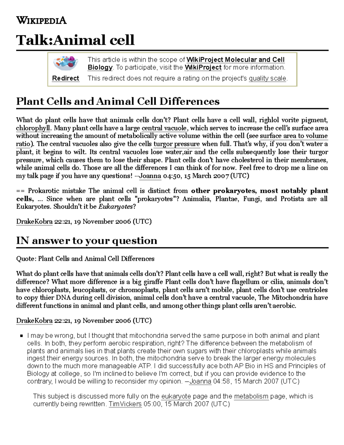 Talk Animal cell - Talk:Animal cell This article is within the scope of ...