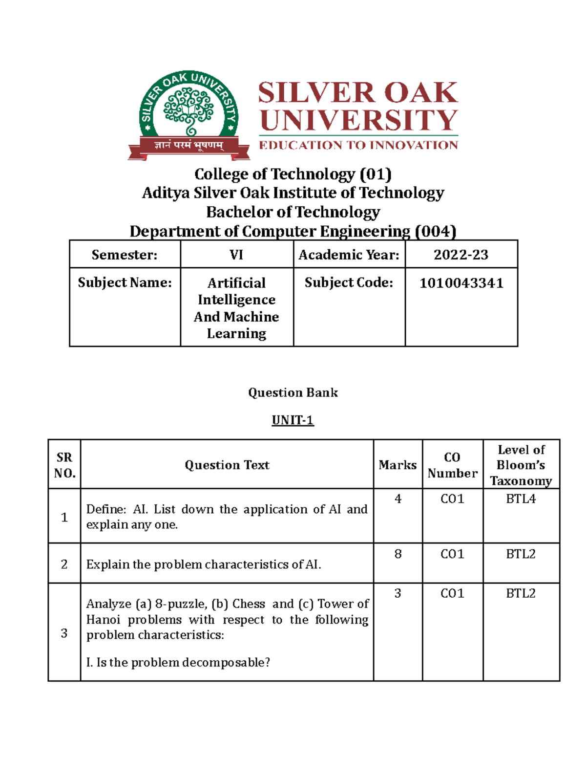 AIML Question Bank - College of Technology (01) Aditya Silver Oak ...