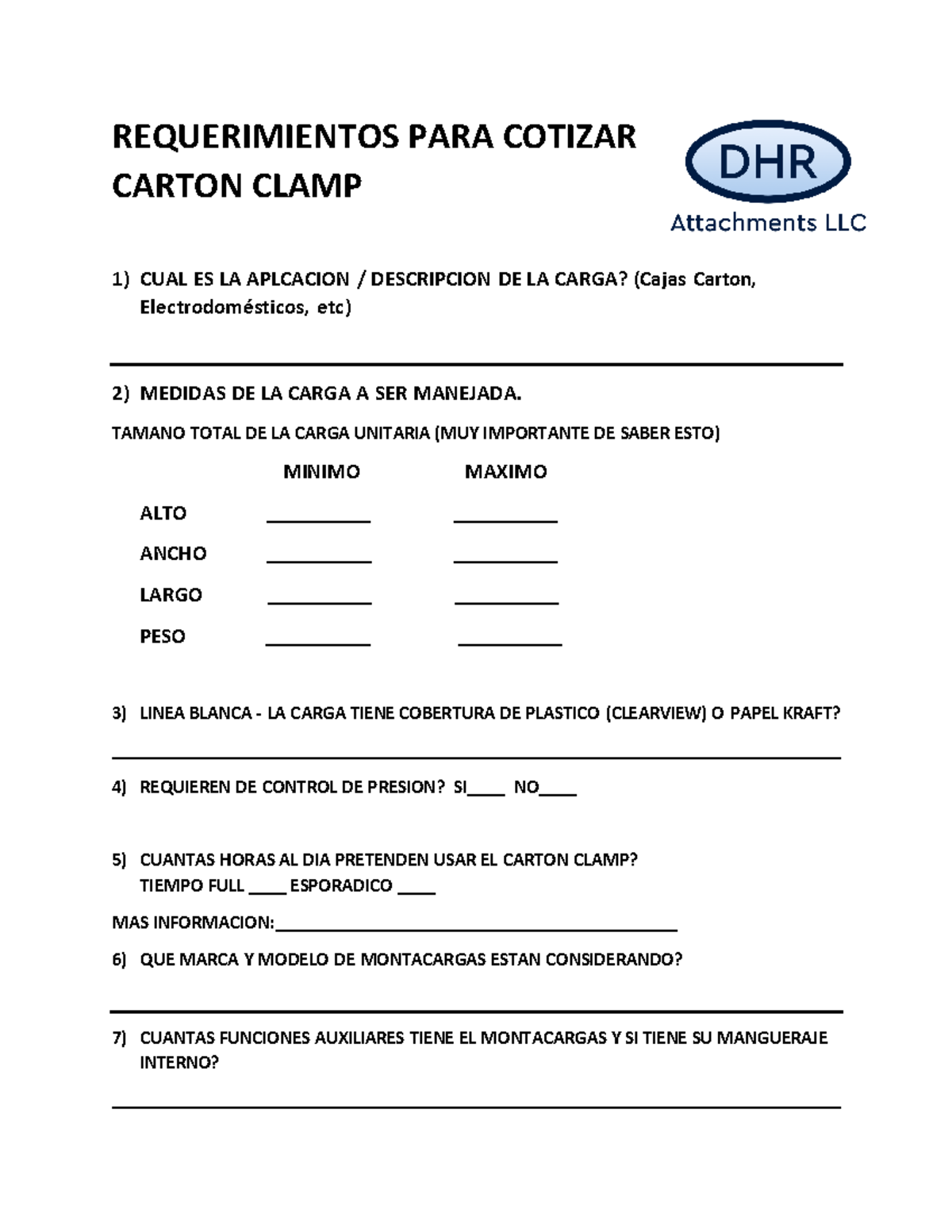Worksheet Carton Clamp Spanish - REQUERIMIENTOS PARA COTIZAR CARTON ...