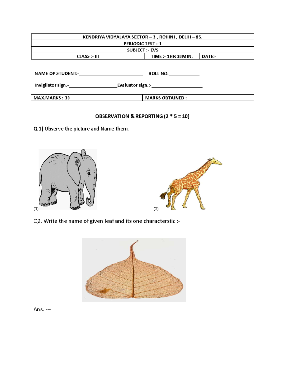 EVS Class 3 PT-1 - KENDRIYA VIDYALAYA SECTOR – 3 , ROHINI , DELHI – 85 ...