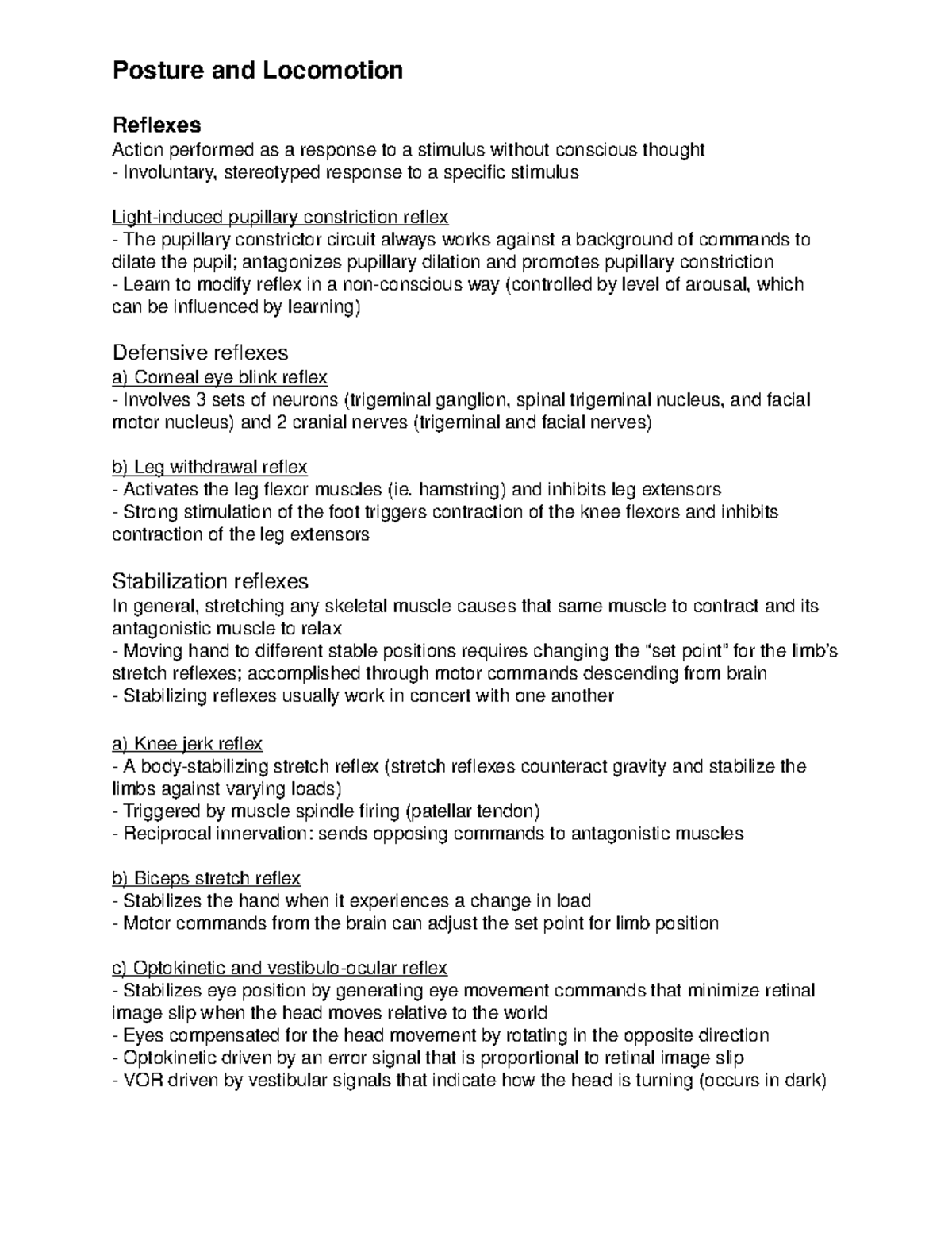 Lecture on Posture and Locomotion - Reflexes Action performed as a ...