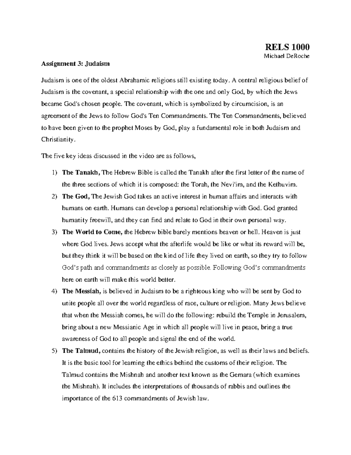 Assignment 3 - Judaism - RELS 1000 Michael DeRoche Assignment 3 ...