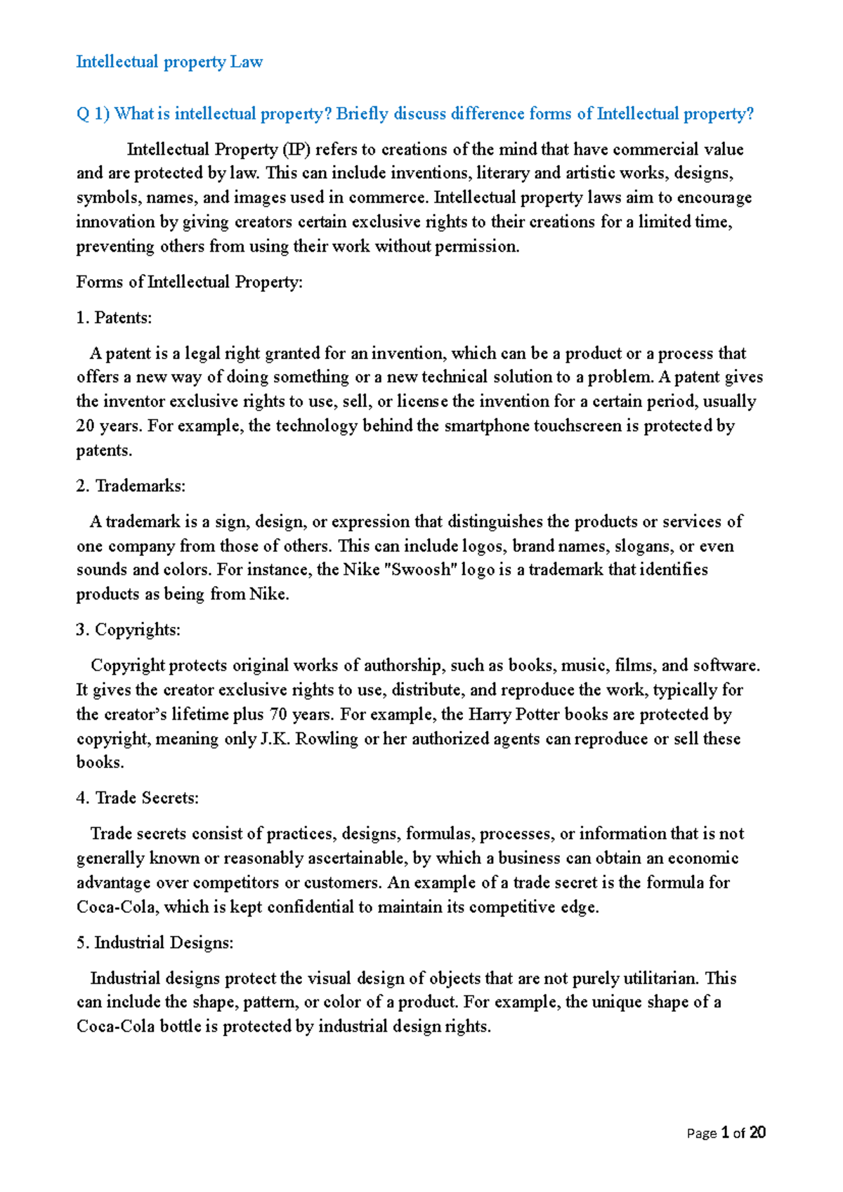 IP Imp questions 26 - Intellectual Property - Q 1) What is intellectual ...