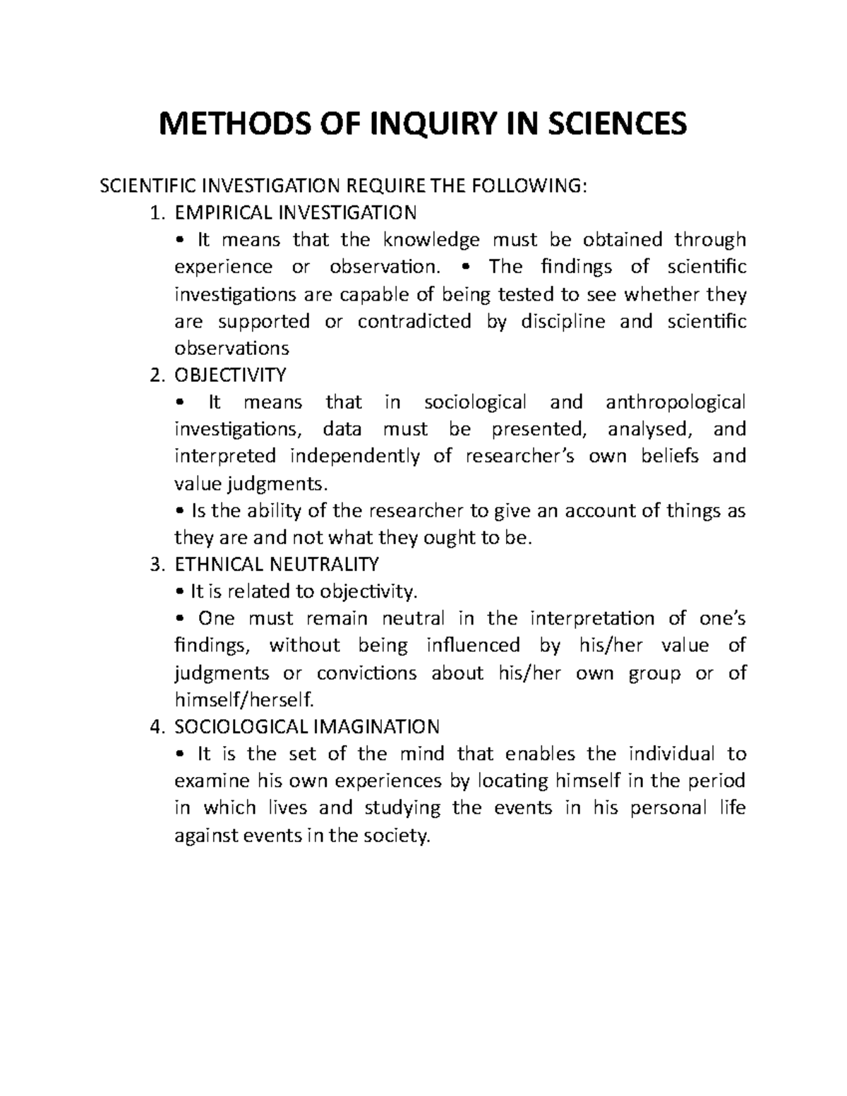 Method IN Sciences Summary - METHODS OF INQUIRY IN SCIENCES SCIENTIFIC ...
