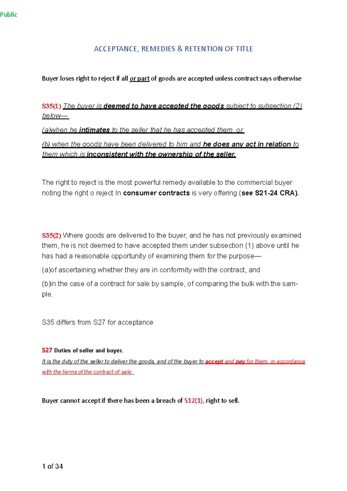 Retention of title notes april 7 - ACCEPTANCE, REMEDIES & RETENTION OF ...