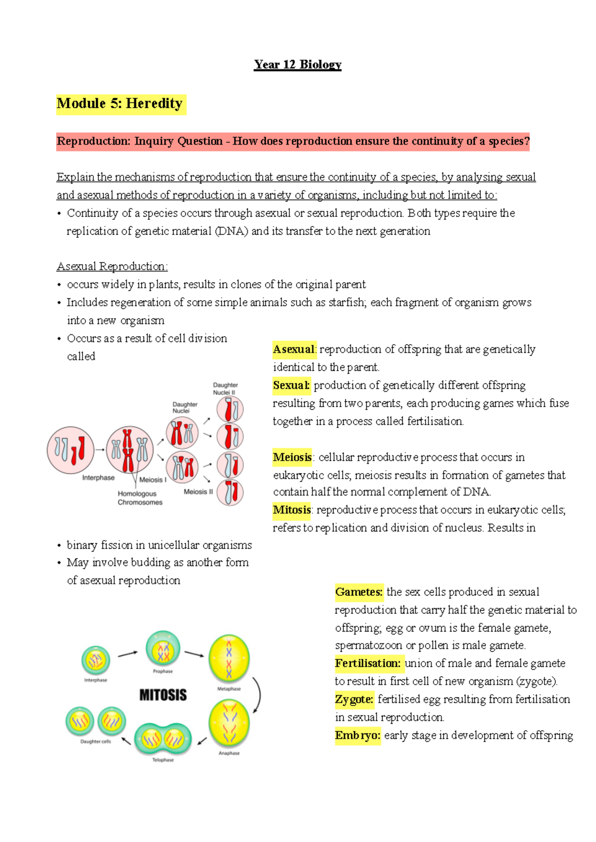Biology Notes Heredity - Year 12 Biology Module 5: Heredity ...