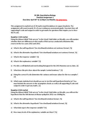Practical 2 F2F - Page 1 - BI206: Quantitative Biology Student number ...