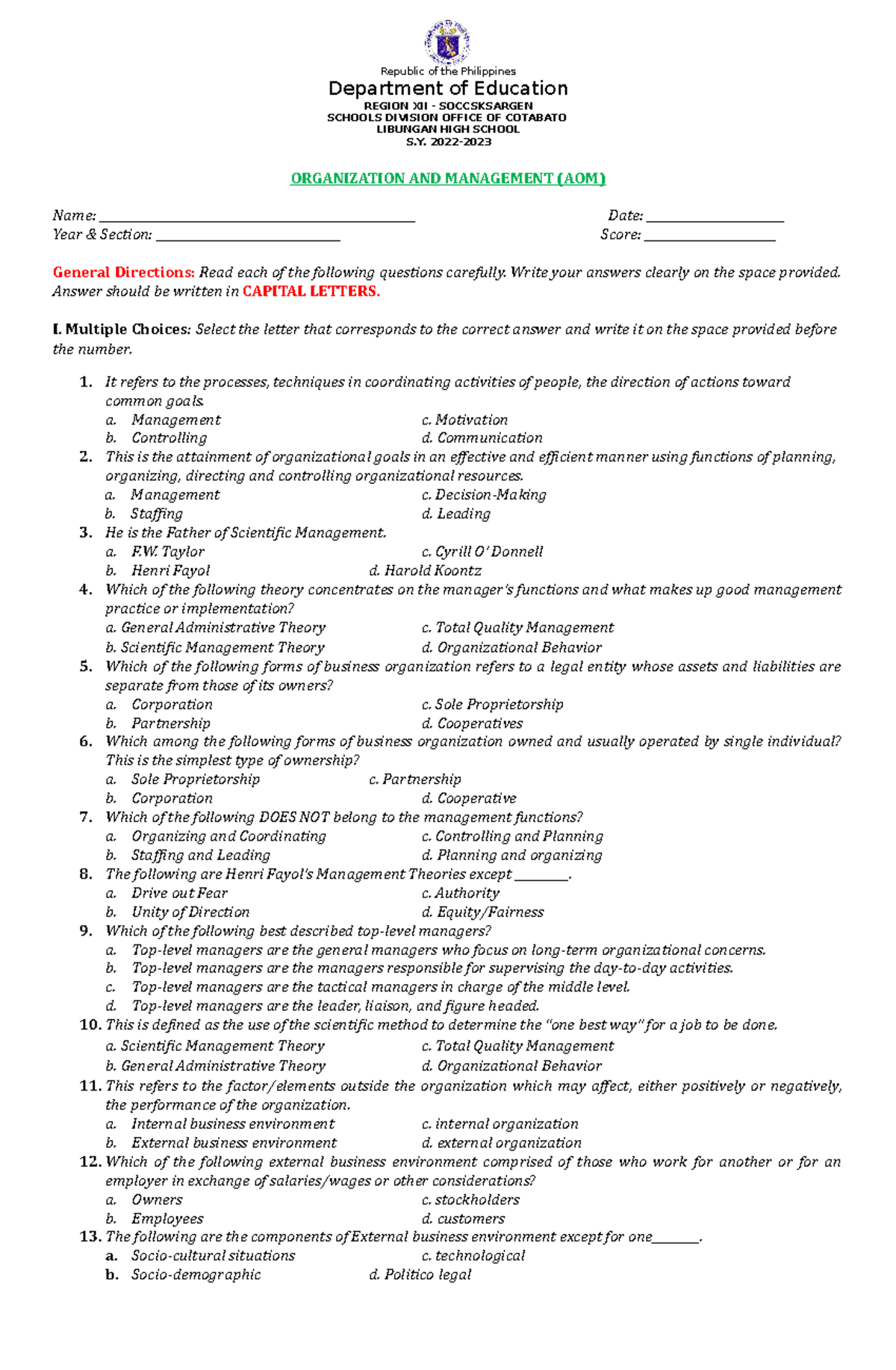 TQ for AOM (Midterm) - TEST QUESTIONNAIRE - Republic of the Philippines ...