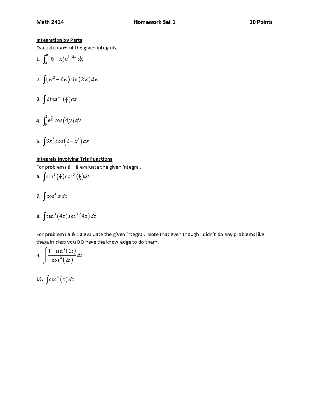 19Fall Hwk 01 - Calculus II - Math 2414 Homework Set 1 10 Points ...