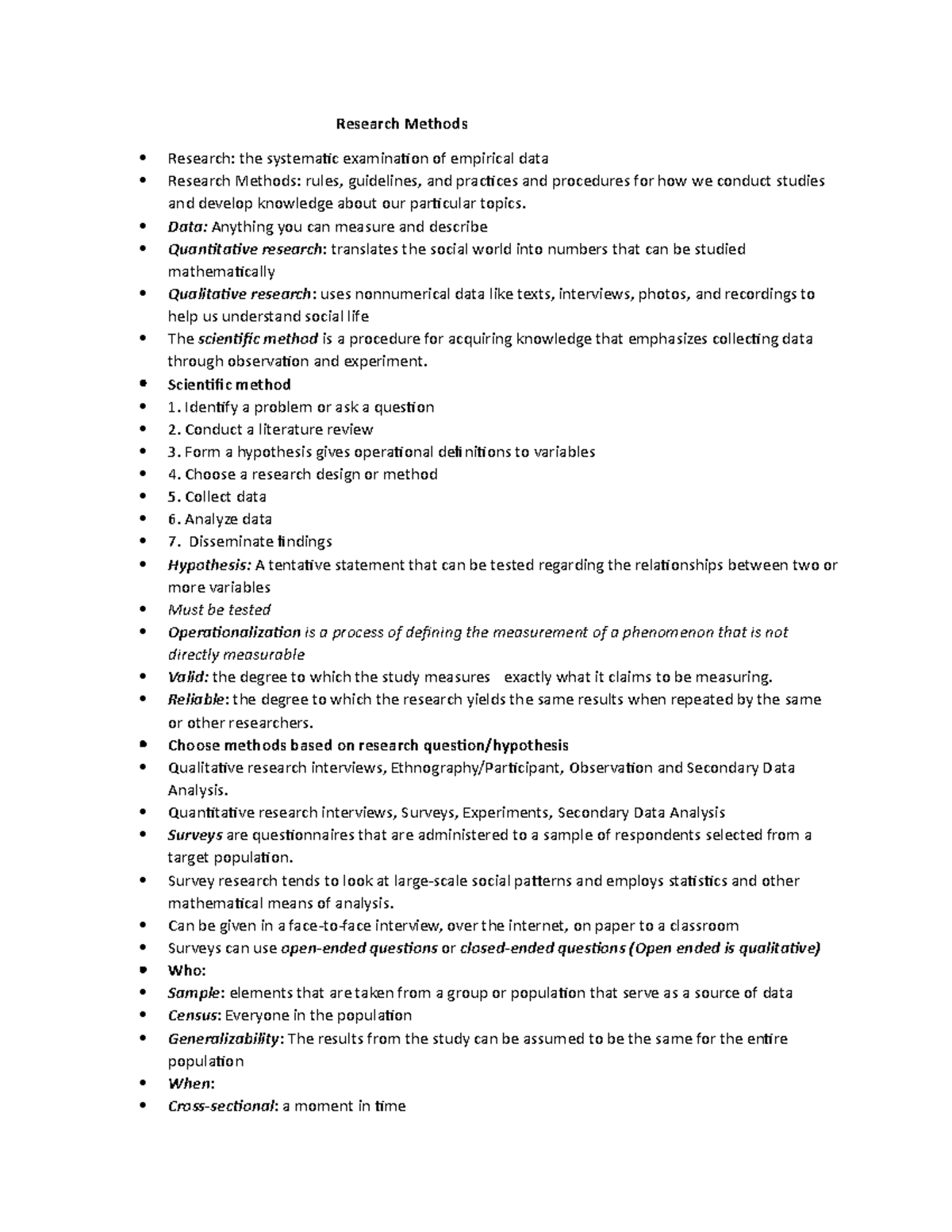 Research Methods - notes - Research Methods Research: the systematic ...