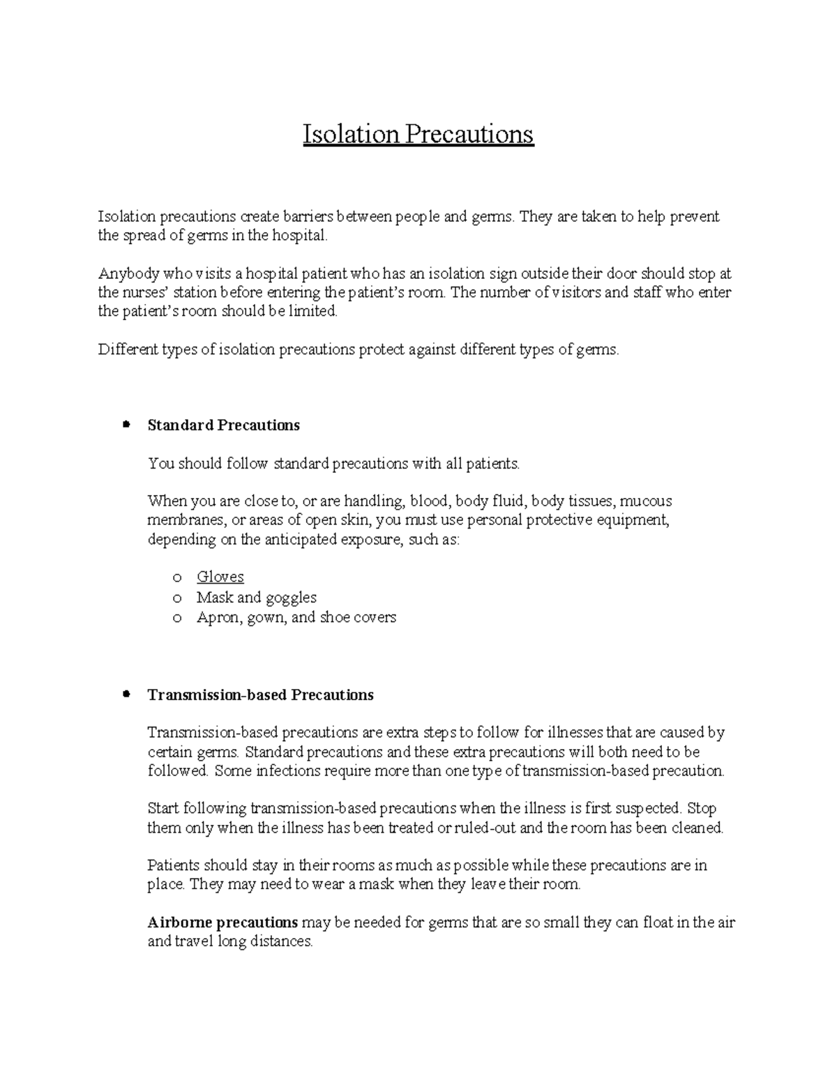 Standard Precautions - Susan Randal as professor - Isolation ...