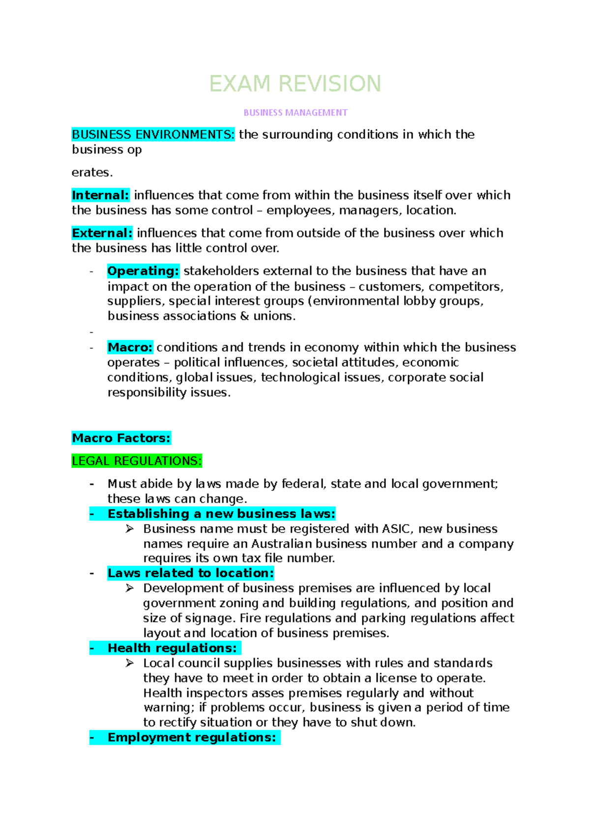 Business management aos 2 unit 1 notes - EXAM REVISION BUSINESS ...