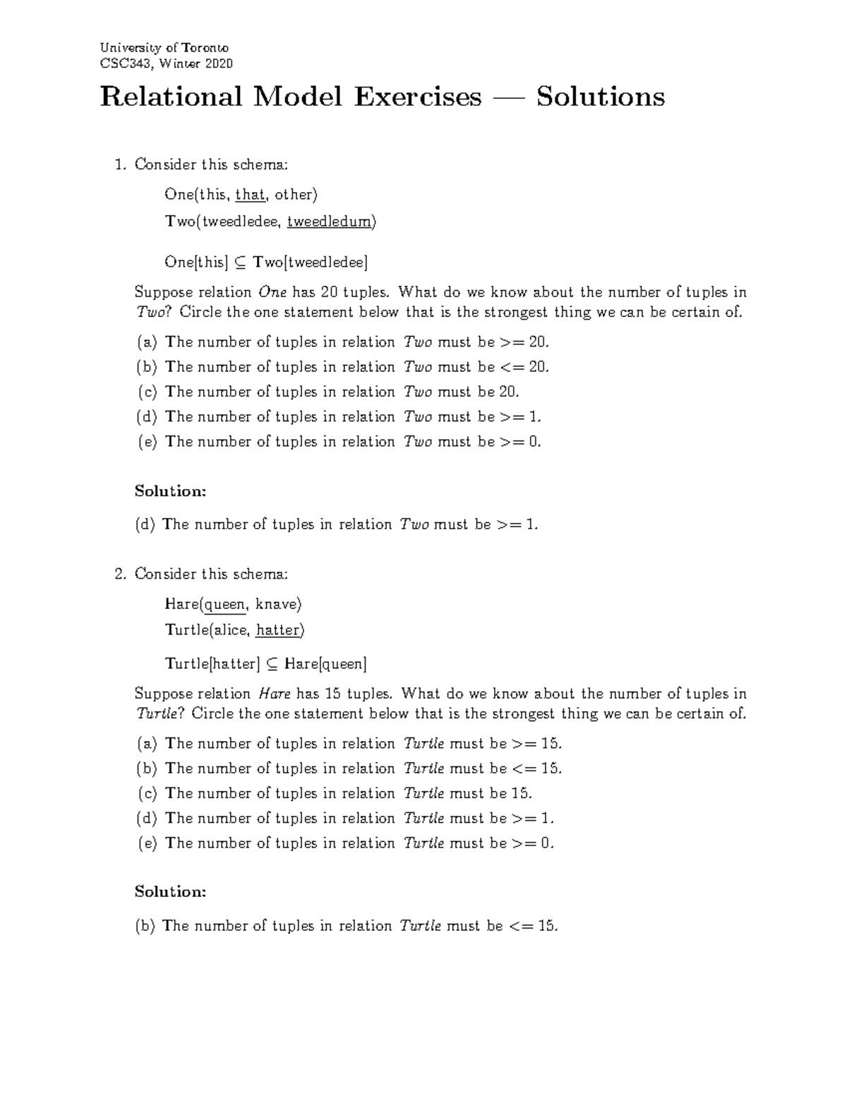 Relational-model-II Solutions - University of Toronto CSC343, Winter ...
