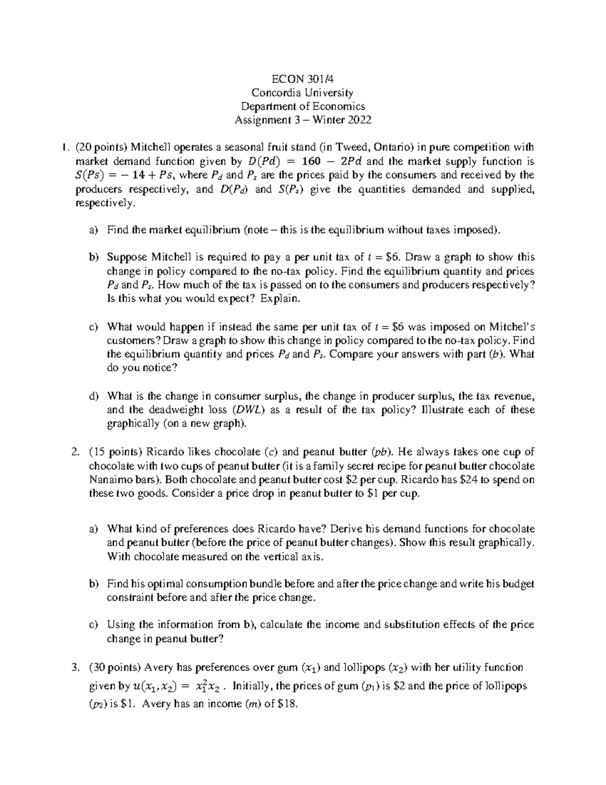 Assignment #3 Winter 2022 ECON 301 - ECON 301 - Concordia - Studocu