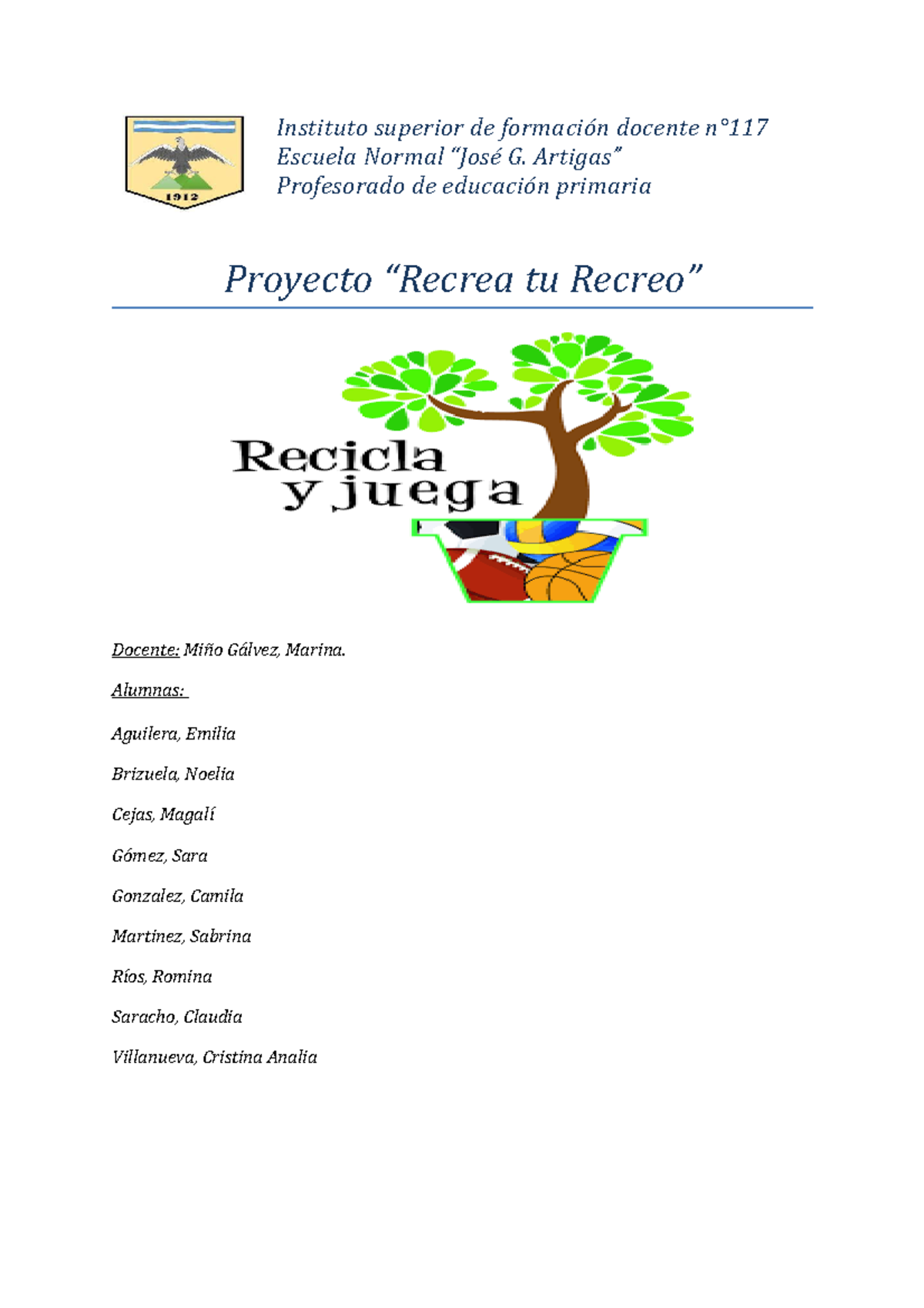 Proyecto recrea tu recreo - Instituto superior de formación docente n ...