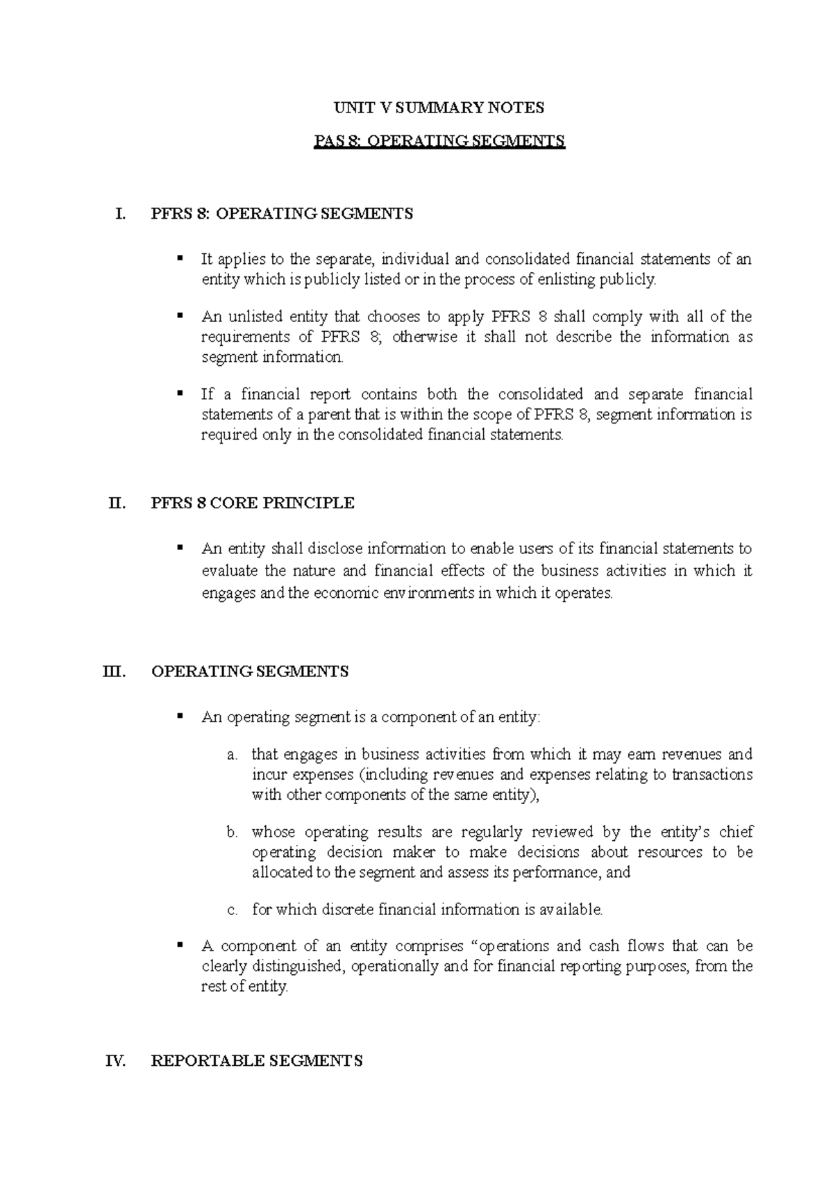 (Unit 5 - PFRS 8 ) - UNIT V SUMMARY NOTES PAS 8: OPERATING SEGMENTS I ...