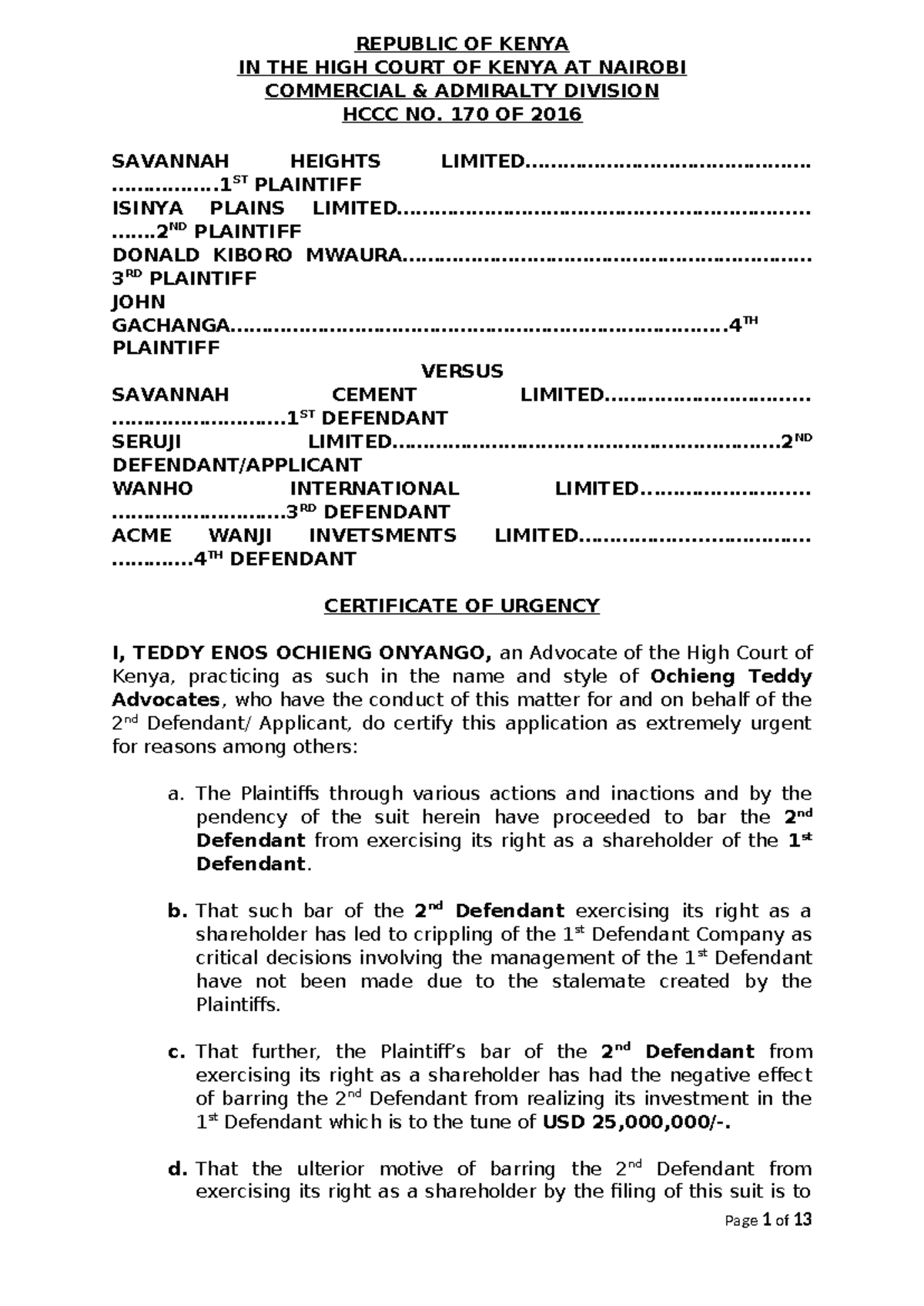 Application TO Strike OUT SUIT - REPUBLIC OF KENYA IN THE HIGH COURT OF ...