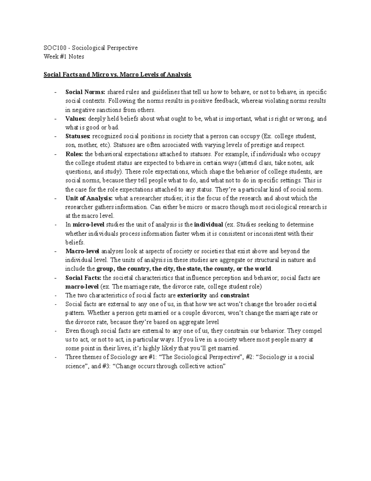 SOC100 - Week 1 Notes - SOC100 - Sociological Perspective Week #1 Notes ...