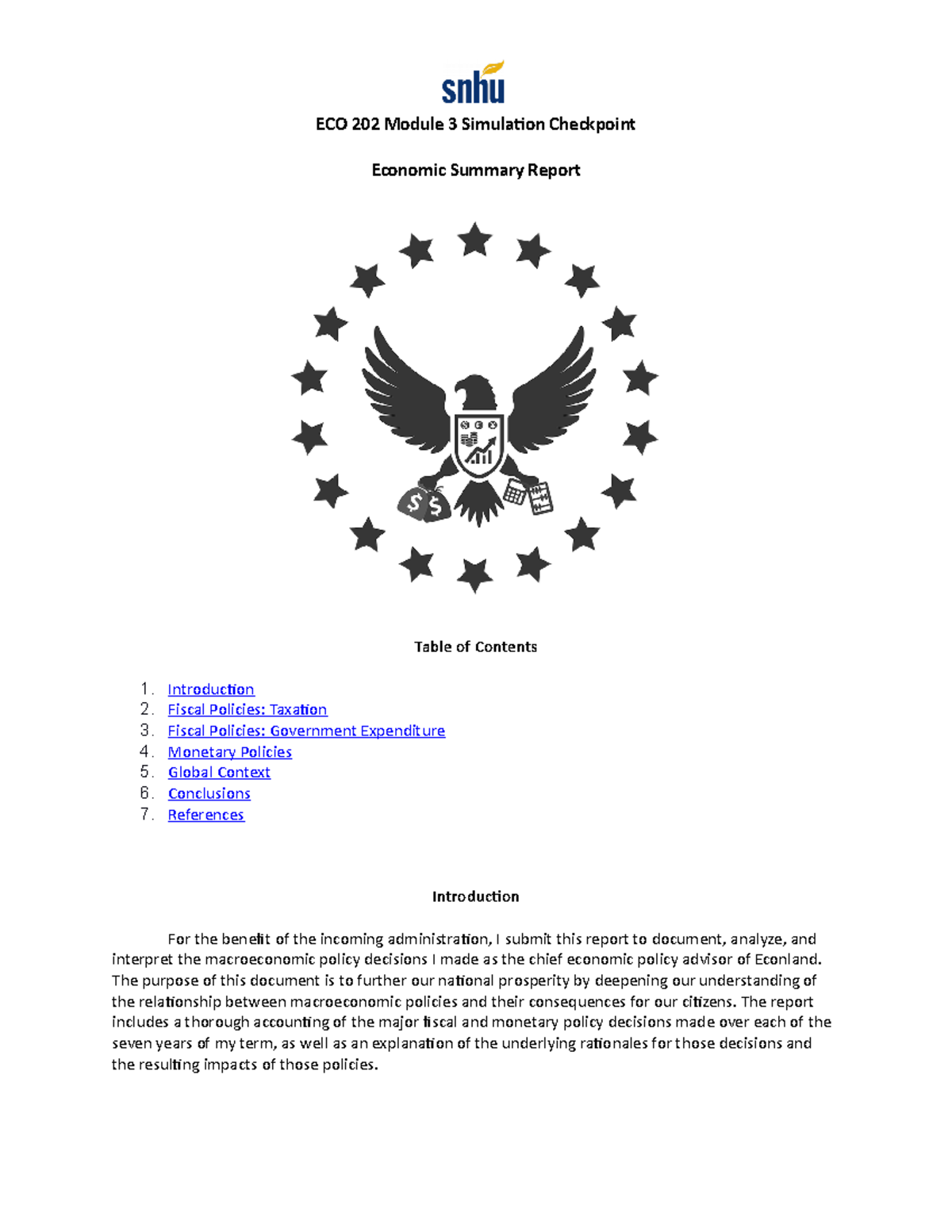 ECO 202 Module 3 Simulation Checkpoint - ECO 202 Module 3 Simulation Checkpoint Economic Summary ...