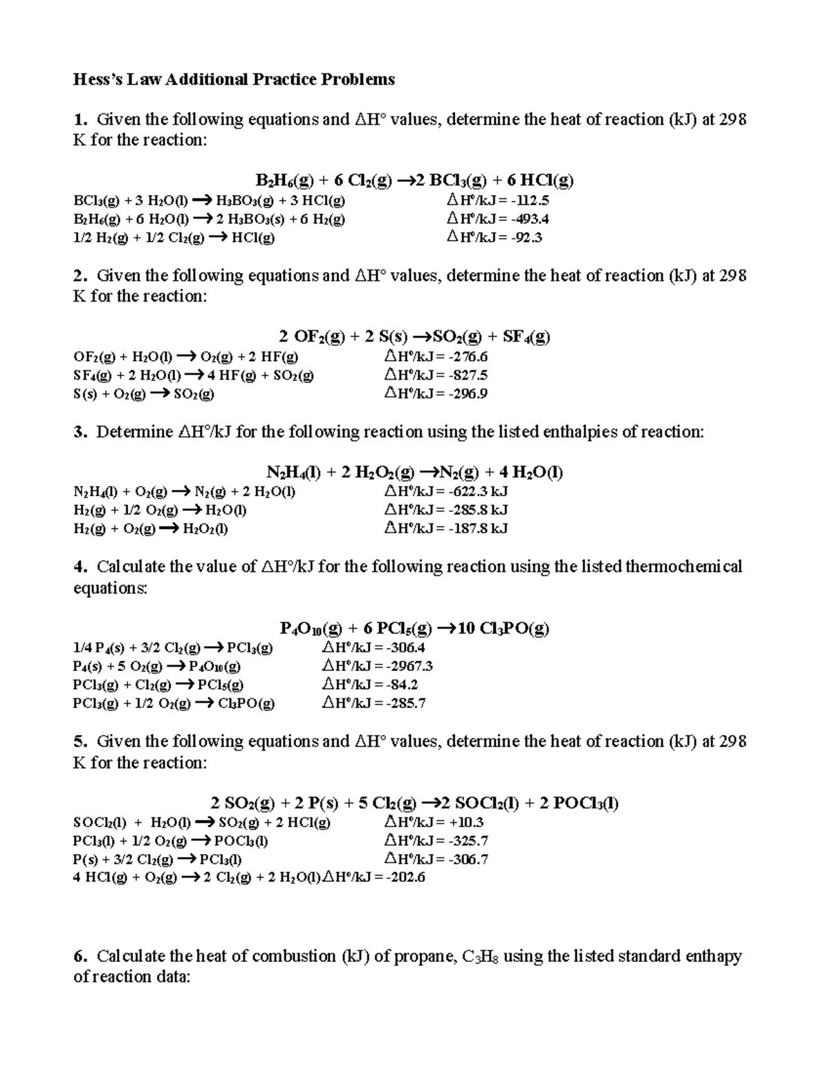 Hess Law Additional Practice with Key - Hess’s Law Additional Practice ...