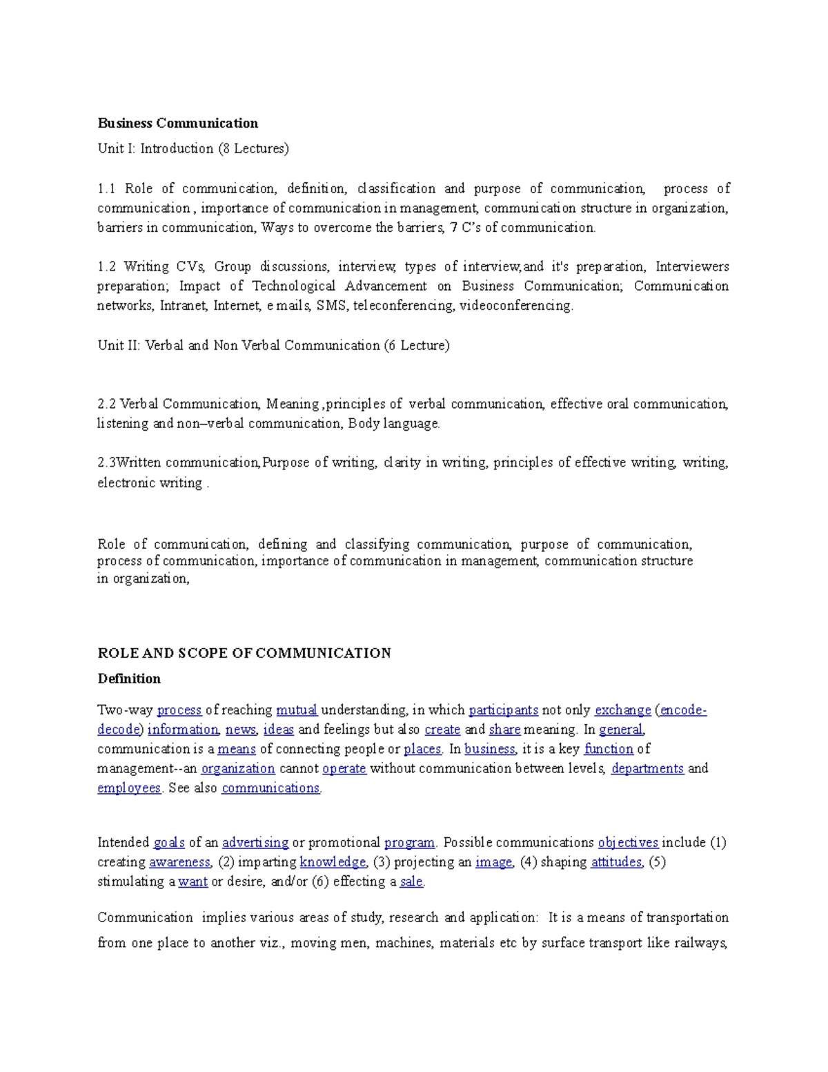 Notes Unit Business Communication of MBA 1 sem - Business Communication ...