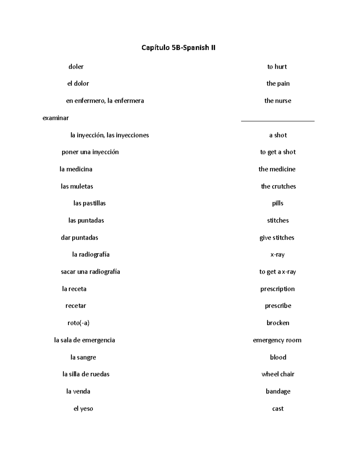 5B Vocabulary-Spanish II - Capítulo 5B-Spanish II doler to hurt el ...