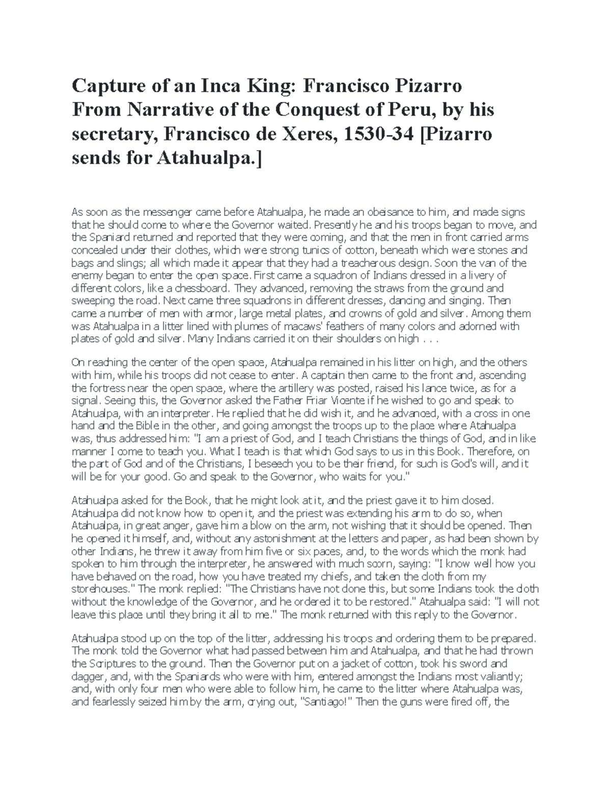 The Fall of Atahualpa Primary Source Reading - Capture of an Inca King ...