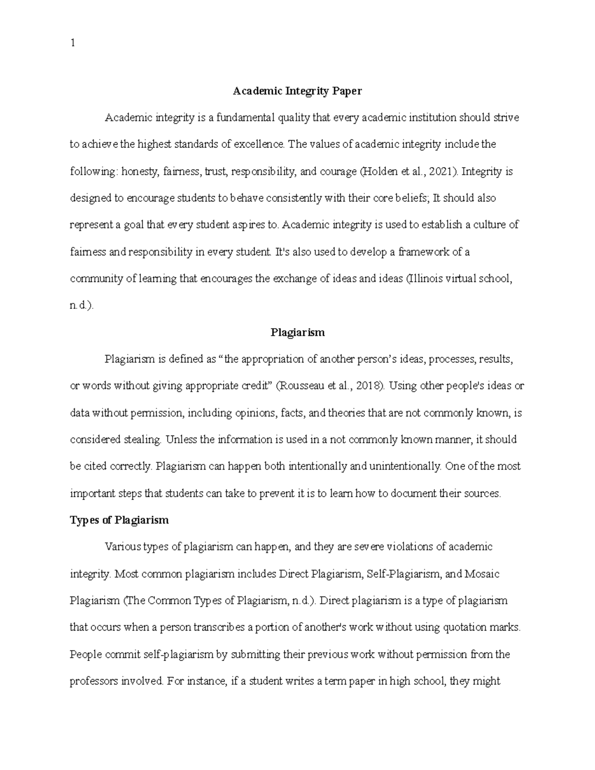 Academic integrity Paper - 1 Academic Integrity Paper Academic ...