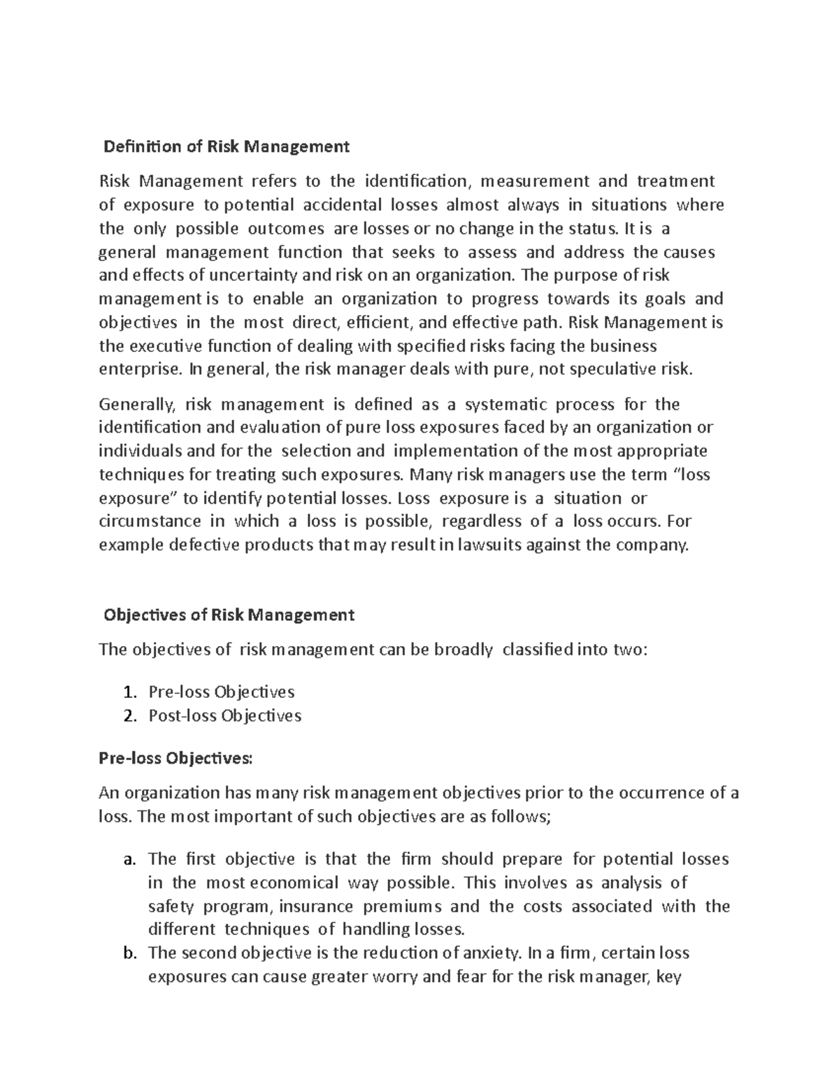 Risk management, concept and objectives - Definition of Risk Management ...