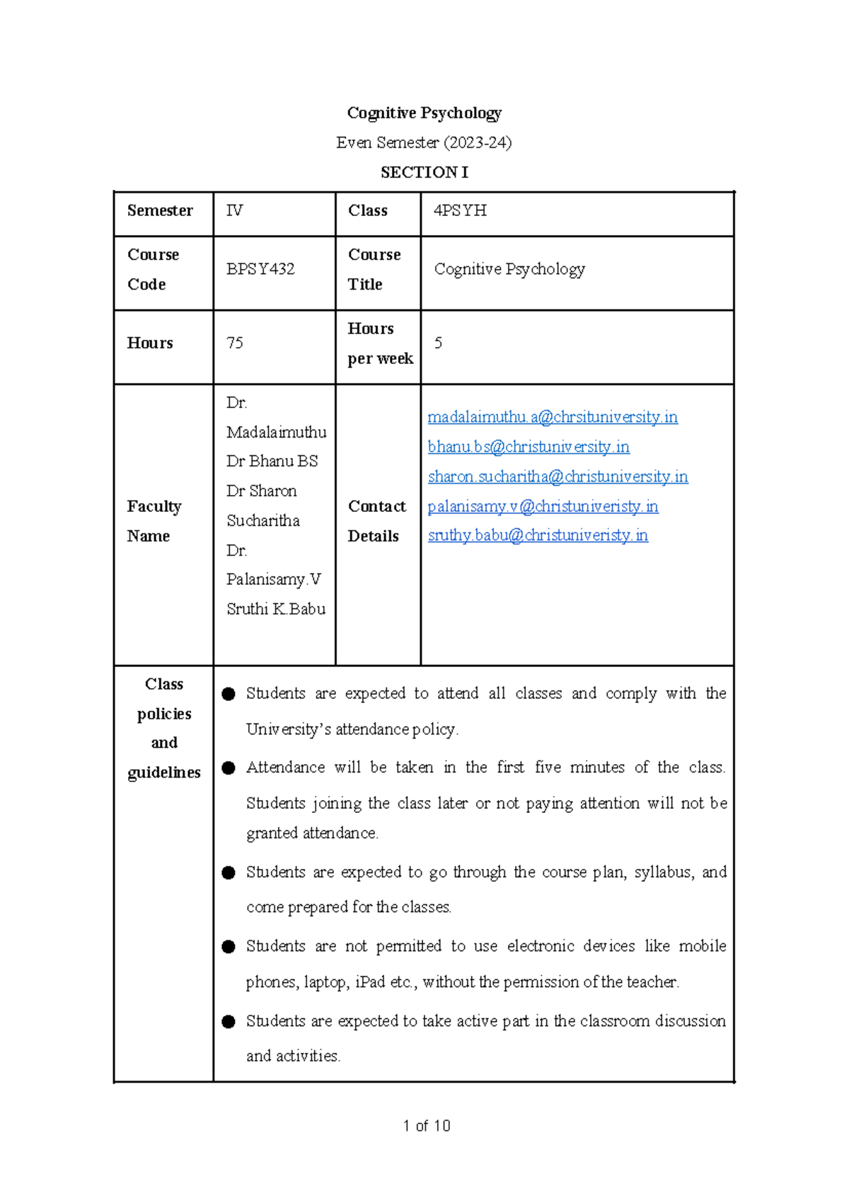 BPSY432 Cognitive Psychology Course Plan 2023-24 - Cognitive Psychology ...