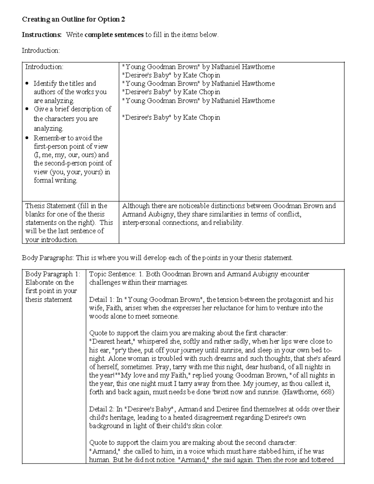 Essay Outline Choice 2 - Creating an Outline for Option 2 Instructions ...