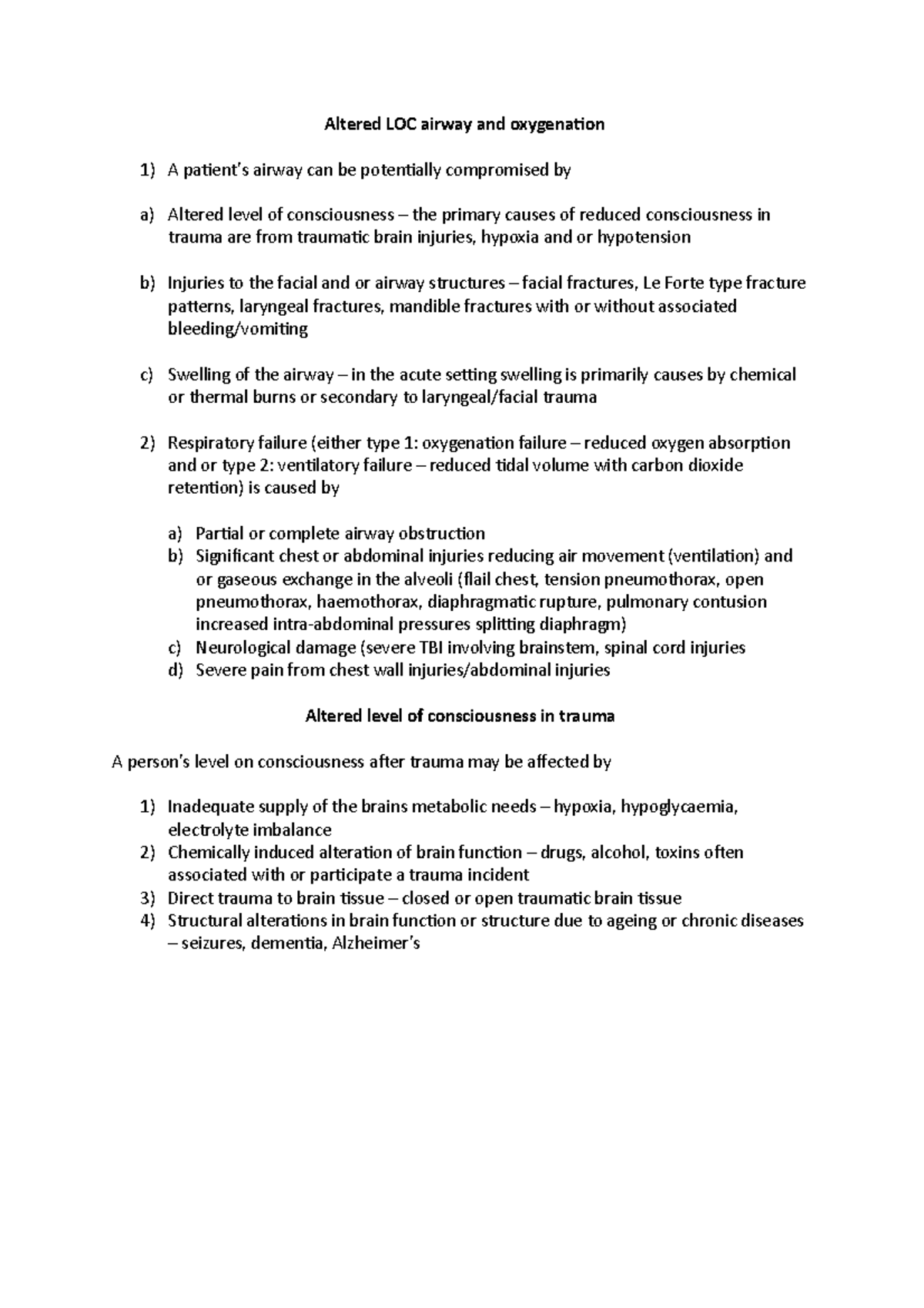 Week 3 - Altered LOC airway and oxygenation - Altered LOC airway and ...