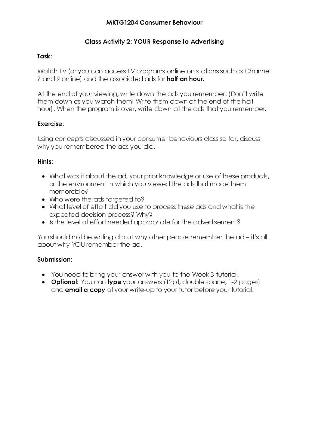 Class Activity 2 for week 3 - MKTG1204 Consumer Behaviour Class ...