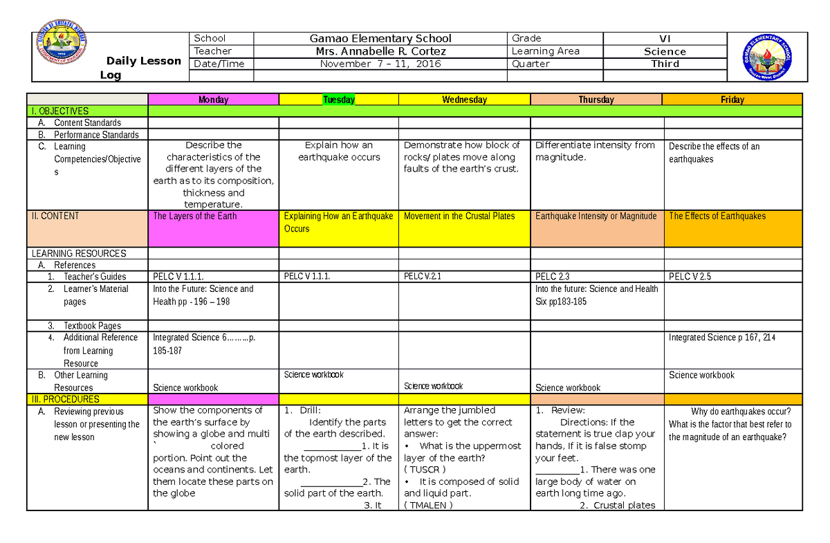 New-dll-science compress - Daily Lesson Log School Gamao Elementary ...