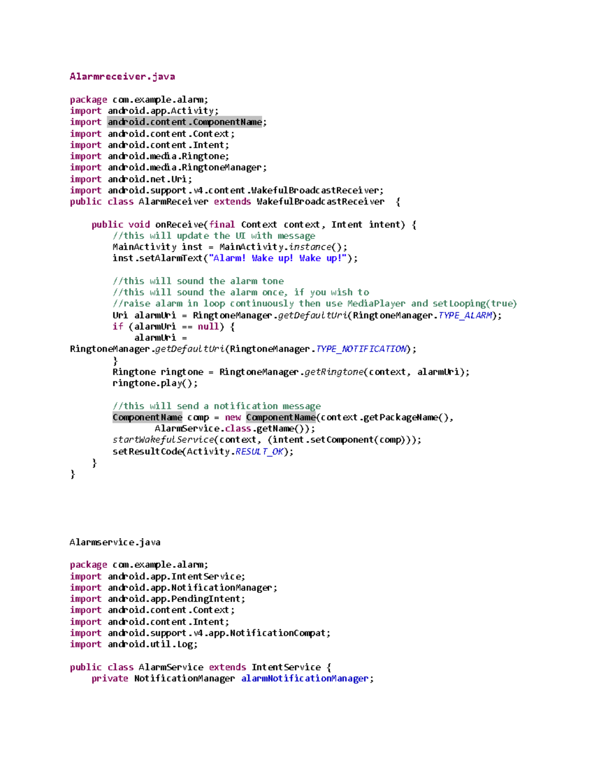 Alarm cloack - mOBILE MANUAL - Alarmreceiver package com.example; import android.app; import ...