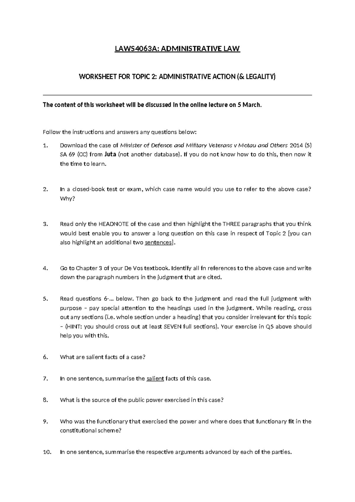 Admin Law - worksheet for topic 2 (Motau case study) - LAWS4063A ...